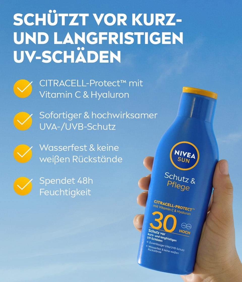 Feuchtigkeitsspendende Sonnencreme - NIVEA Sun Schutz & Pflege Lotion.